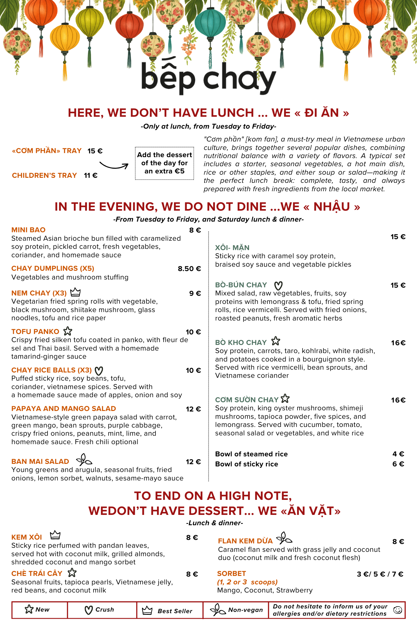 MENU – BEP CHAY